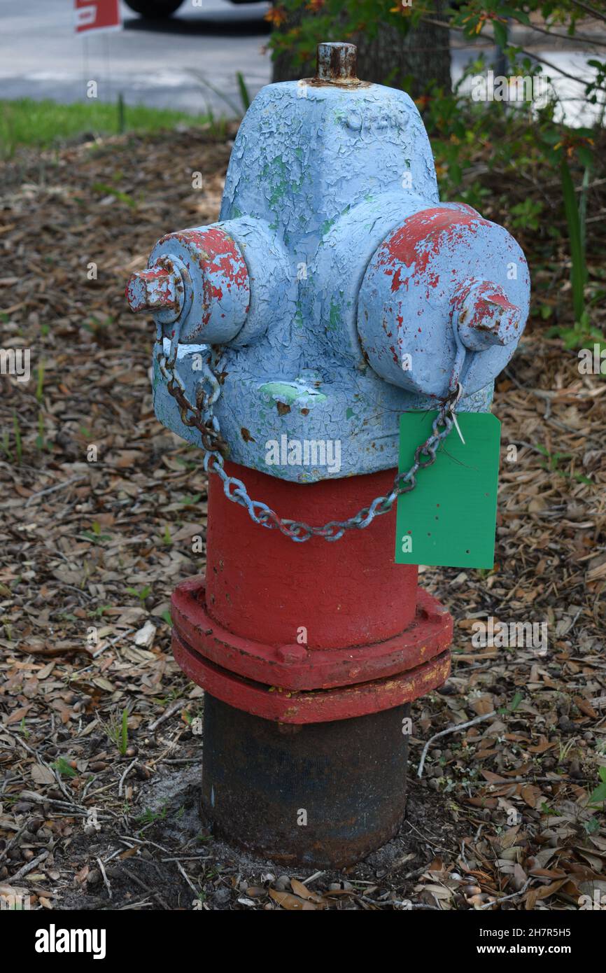 Close-up of worn blue and red fire hydrant Stock Photo - Alamy
