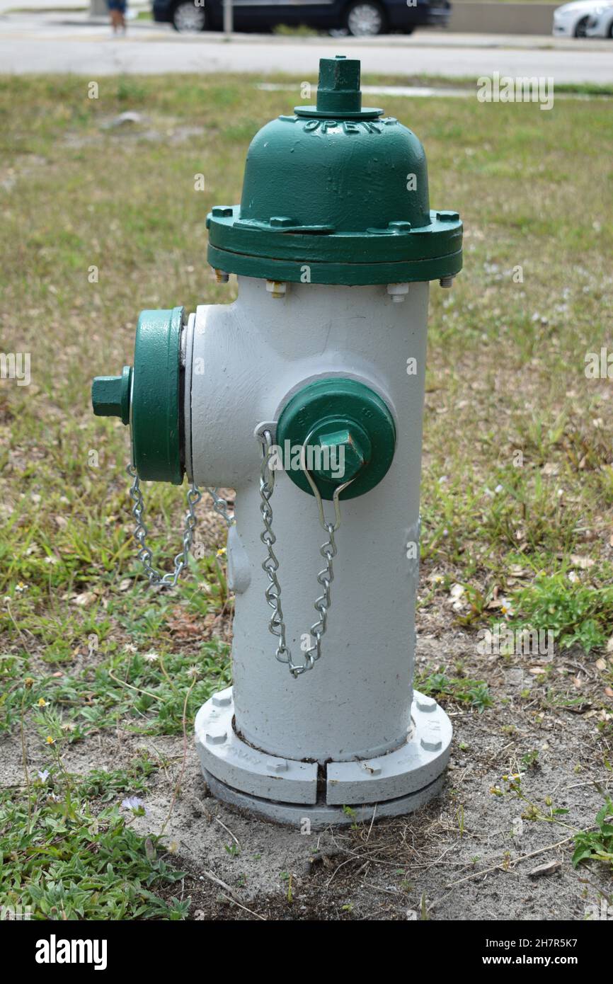 Close-up green and grey fire hydrant Stock Photo - Alamy