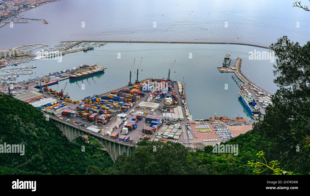 top view of the port of Salerno, campania, Italy. Cointaners and ships ...