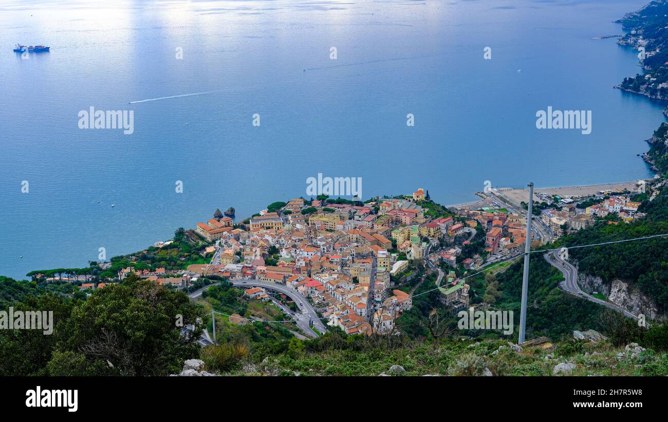 top view of Vietri sul Mare, Salerno, Italy. village with sea and ship ...