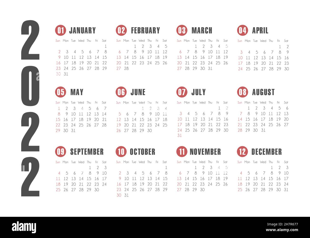 Calendar 2022 year. Black and white vector template. Week starts on ...
