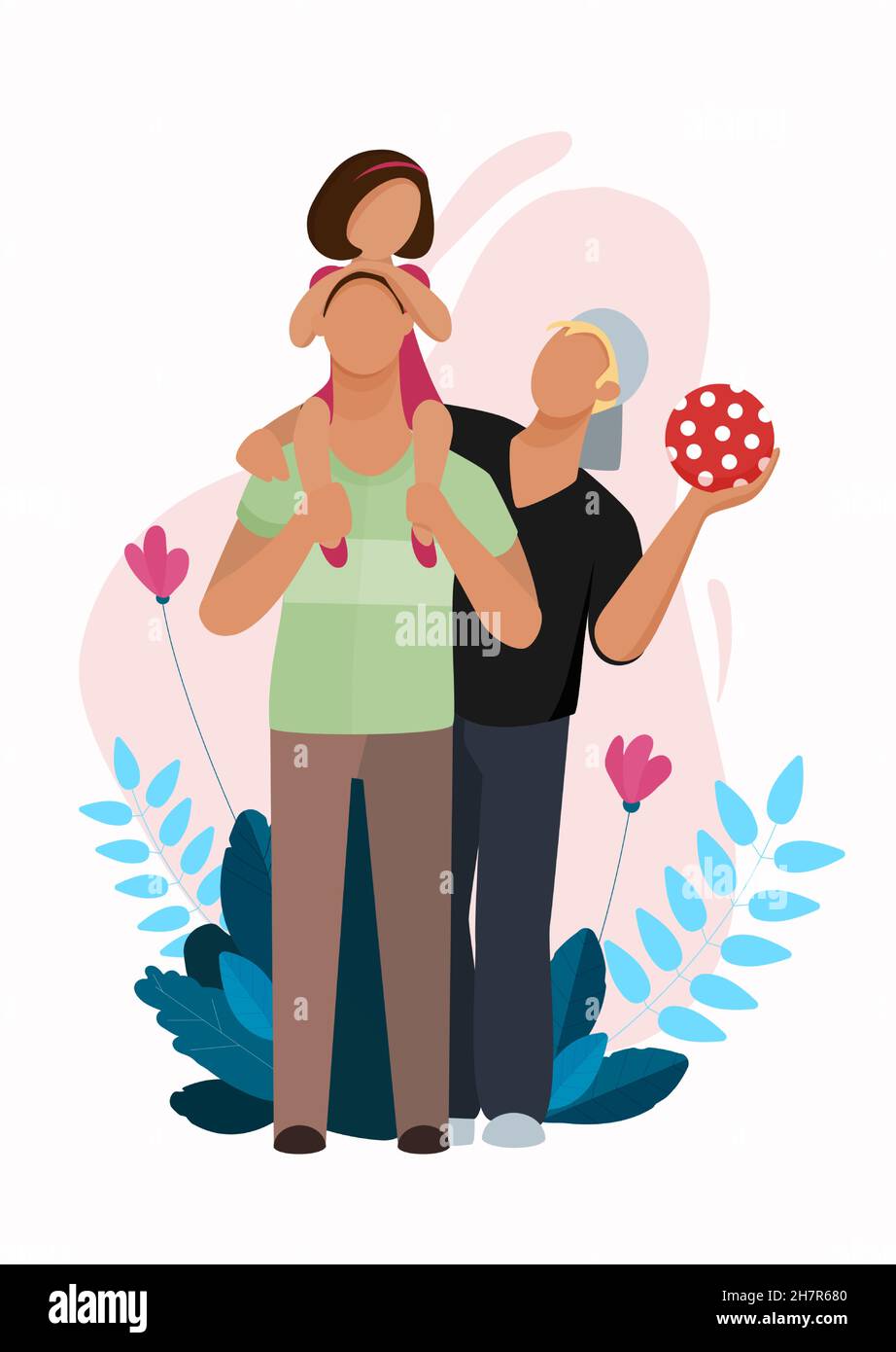 On the shoulders of a young father sits a daughter.Next to him stands a ...