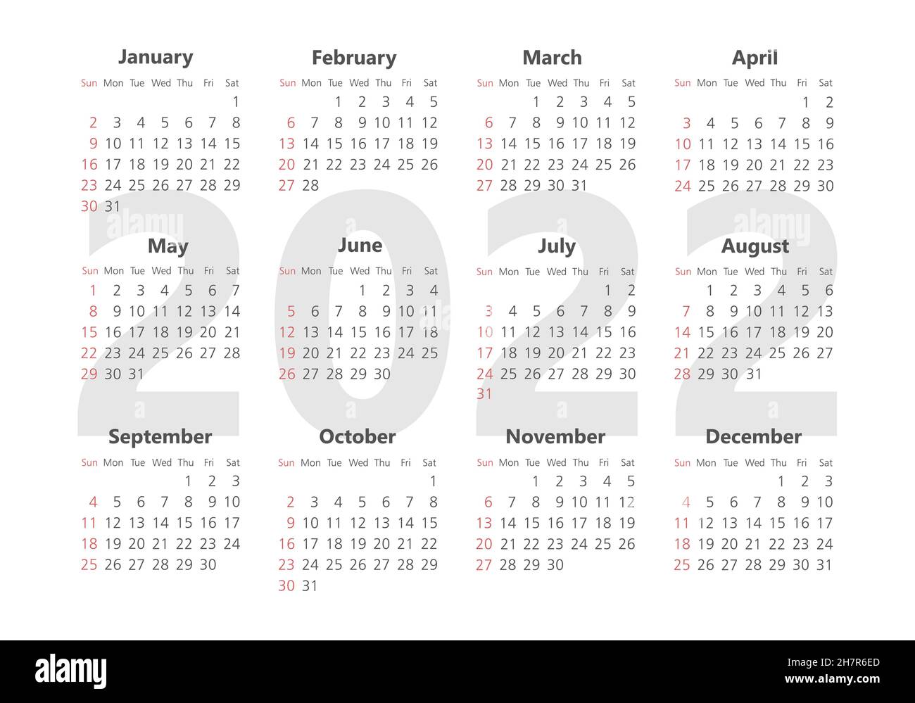 Calendar 2022 year. Black and white vector template. Week starts on ...