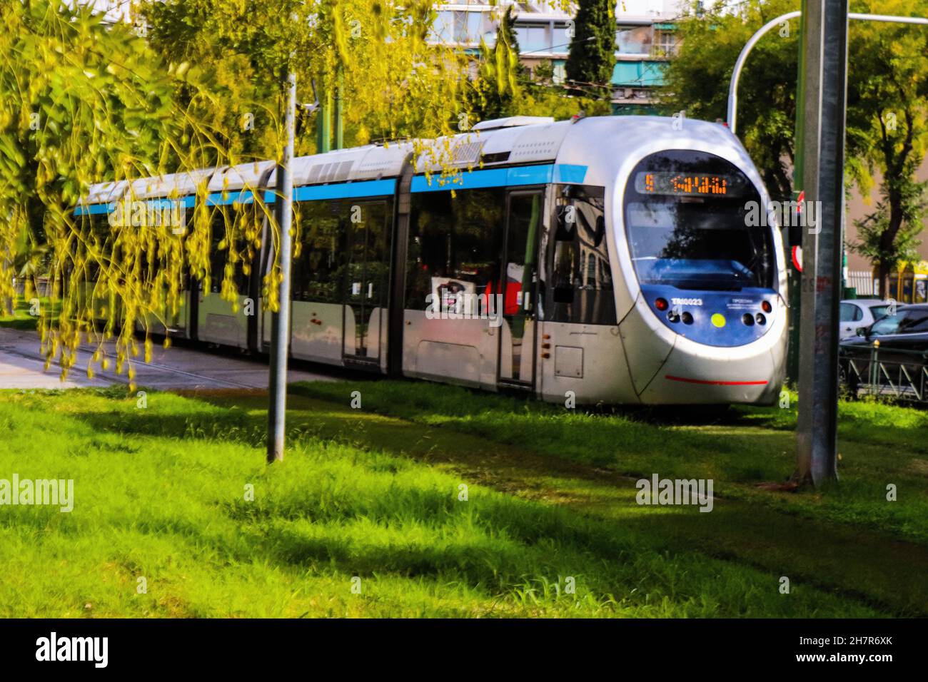 Athens, Greece - November 22, 2021 Modern electric tram for passengers ...