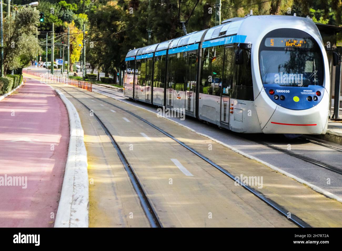 Athens, Greece - November 22, 2021 Modern electric tram for passengers ...