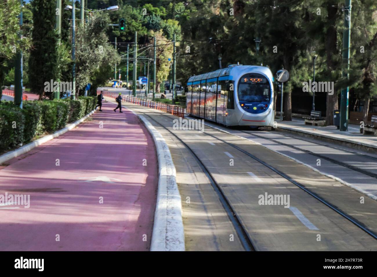 Athens, Greece - November 22, 2021 Modern electric tram for passengers ...