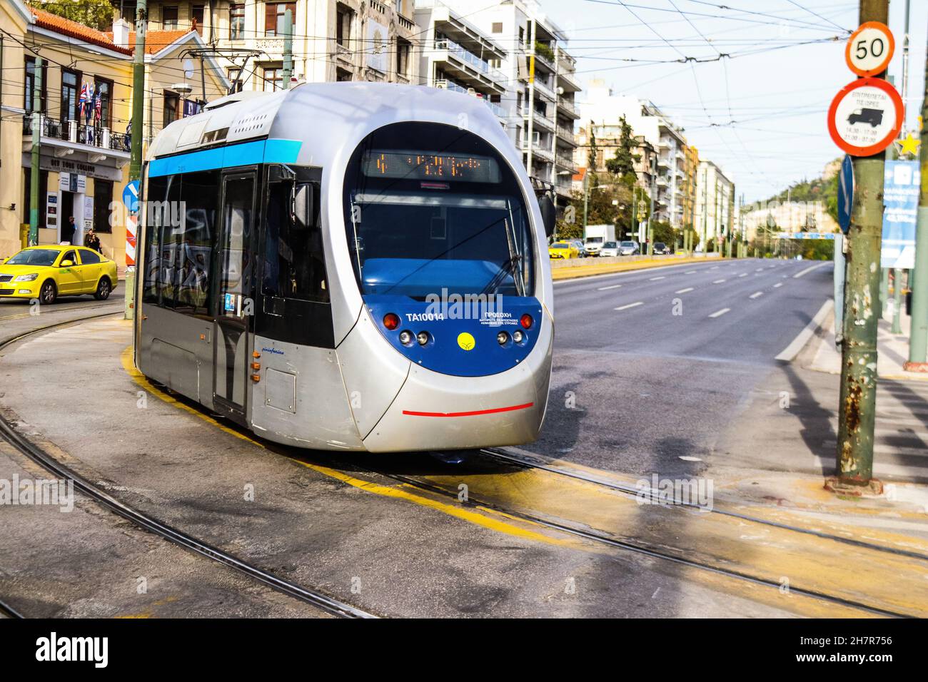 Athens, Greece - November 22, 2021 Modern electric tram for passengers ...
