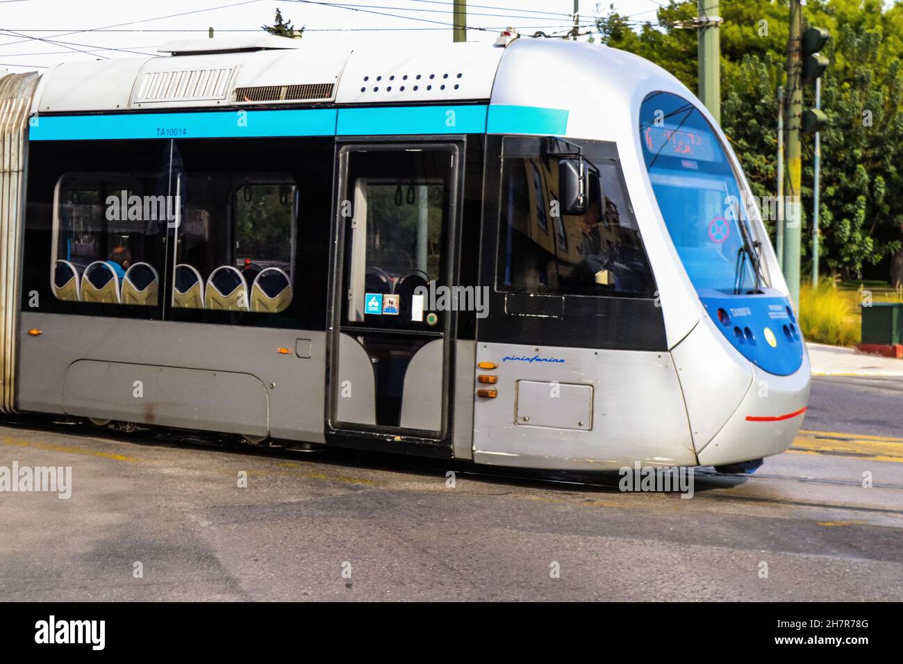 Athens, Greece - November 22, 2021 Modern electric tram for passengers ...