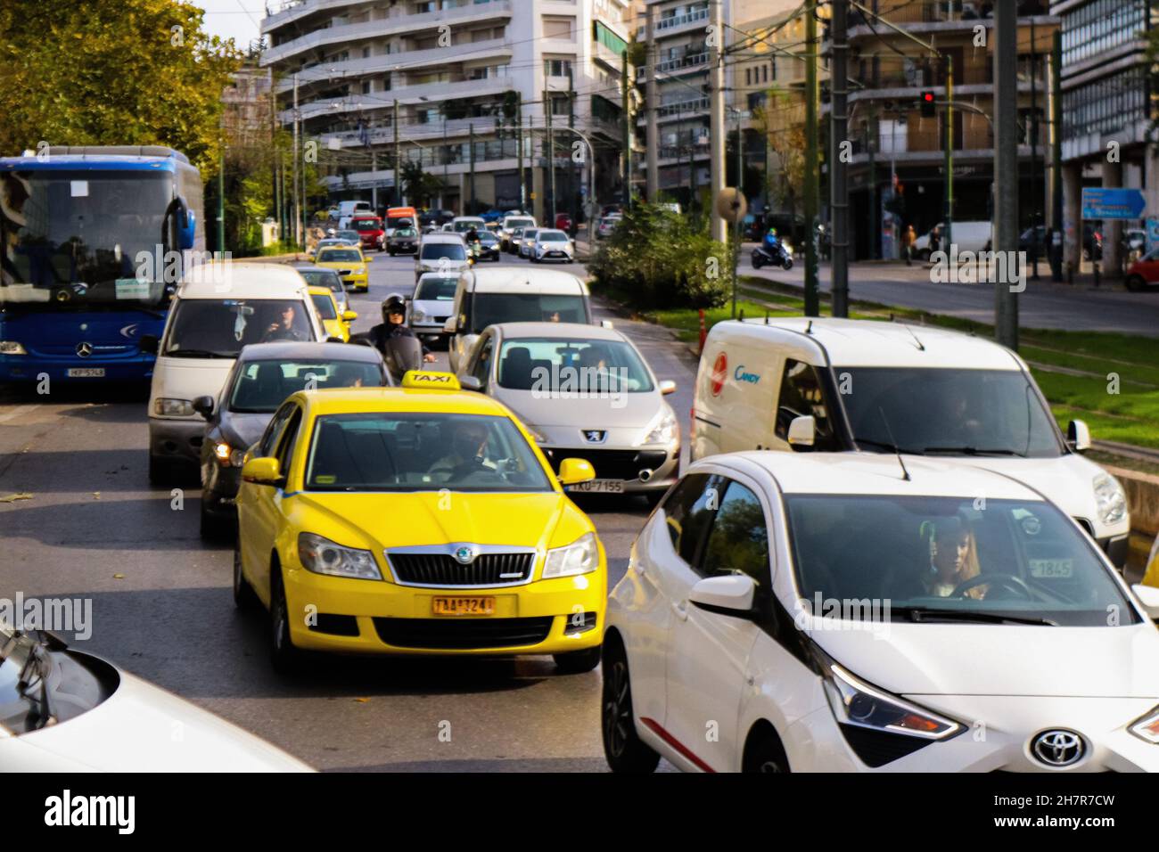Athens, Greece - November 22, 2021 Traffic jam in downtown Athens. The ...