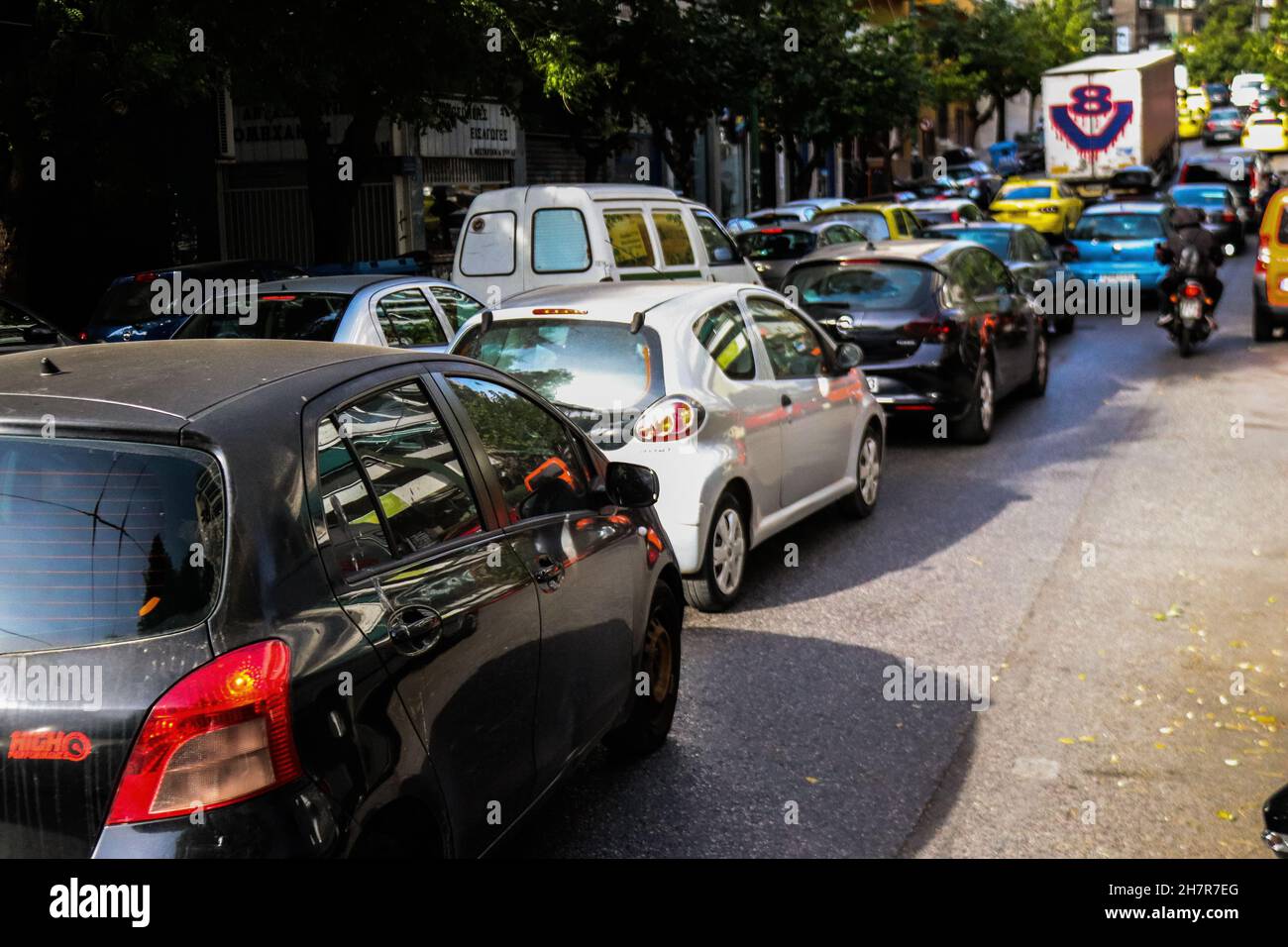 Athens, Greece - November 22, 2021 Traffic jam in downtown Athens. The ...