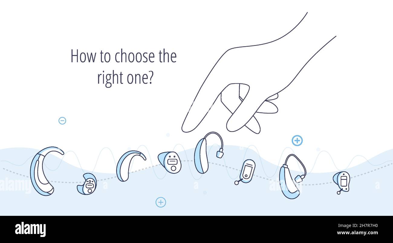 Types of hearing aids for the hearing impaired and the deaf.The hand ...