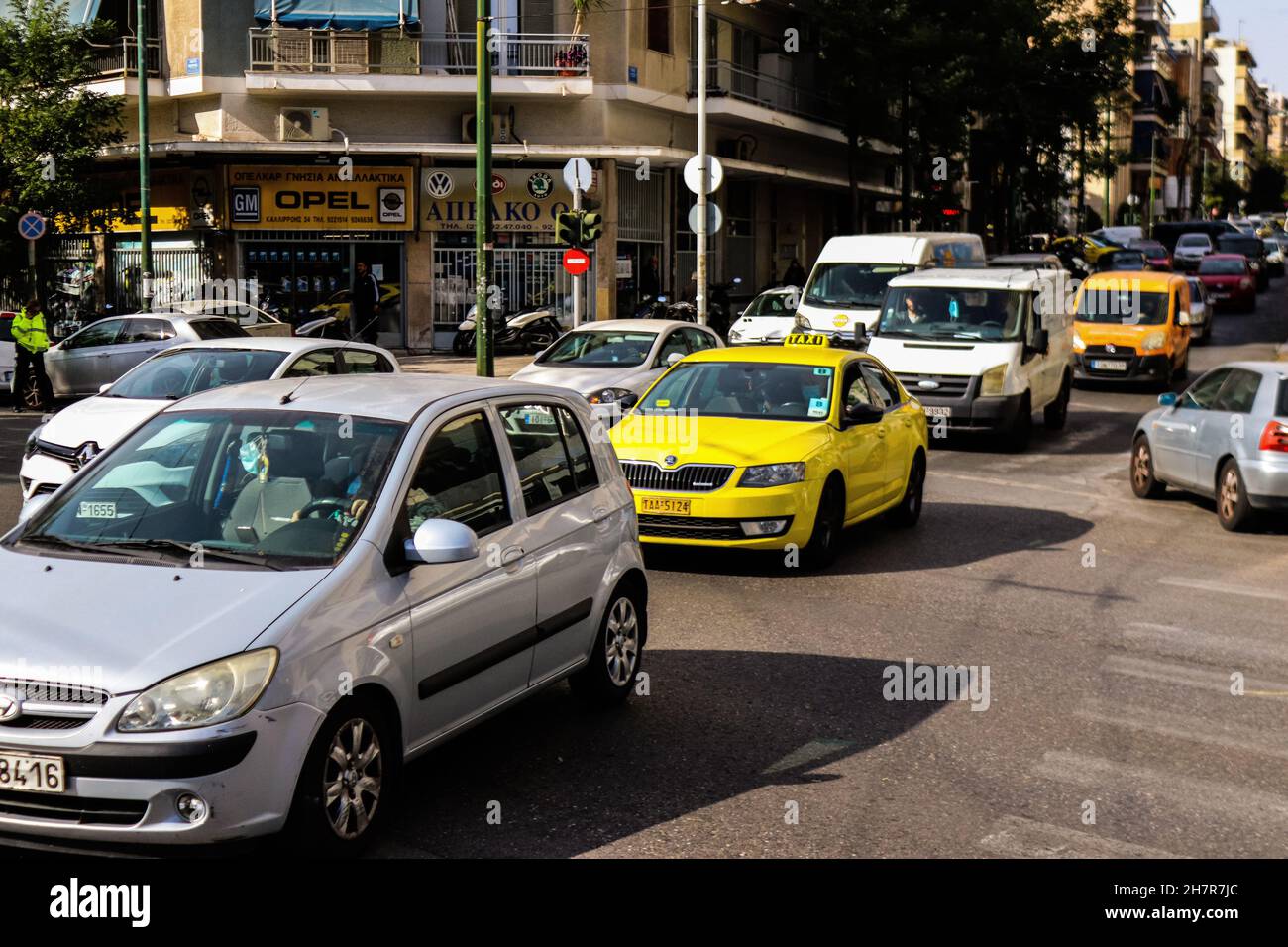 Athens, Greece - November 22, 2021 Traffic jam in downtown Athens. The ...