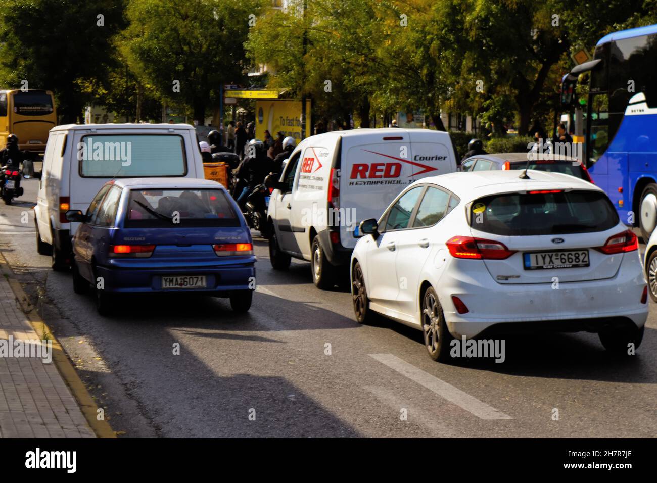 Athens, Greece - November 22, 2021 Traffic jam in downtown Athens. The ...