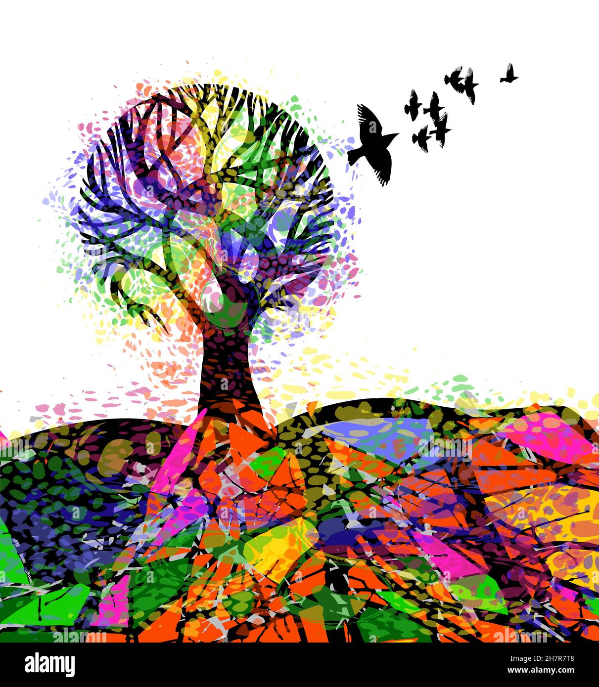 abstract multi-colored tree with flying birds. Vector illustration ...