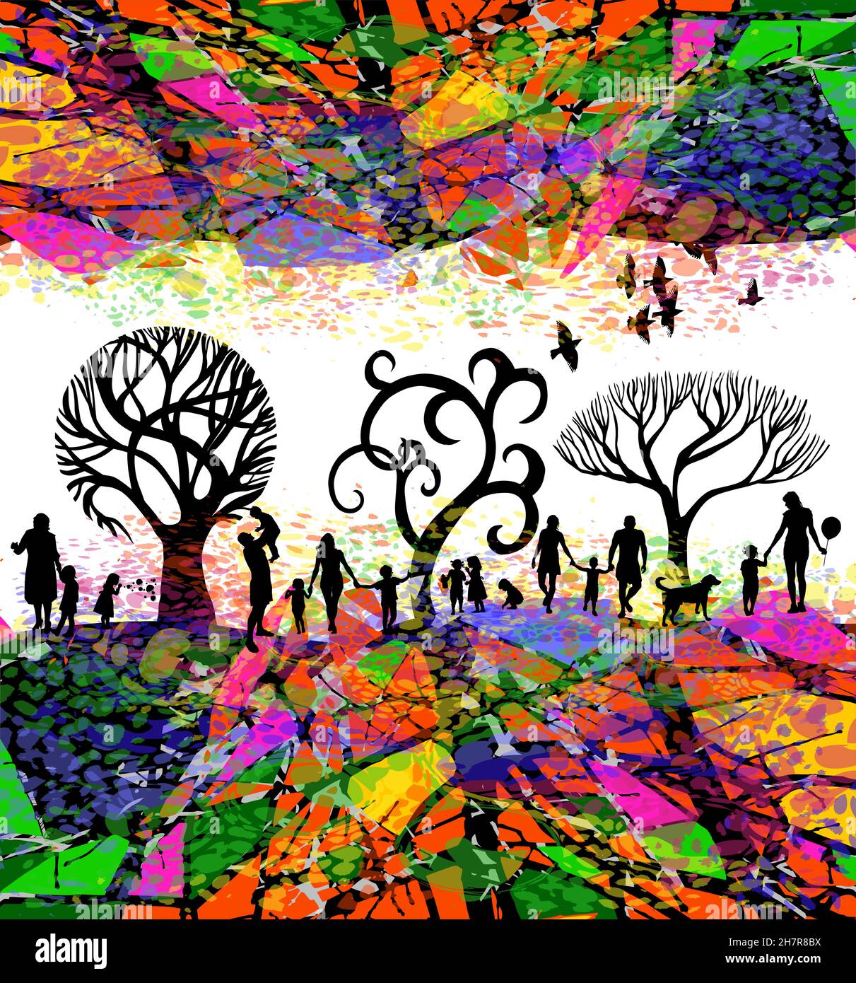 Abstract background with trees and family silhouettes. Vector ...