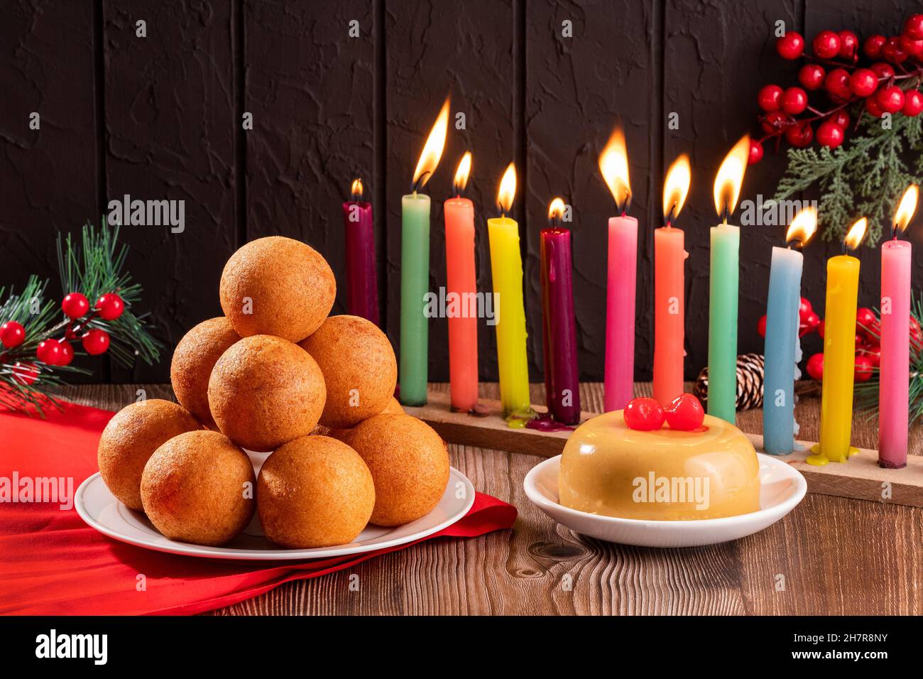 Traditional Colombian christmas food - Buñuelos y natilla Stock Photo ...