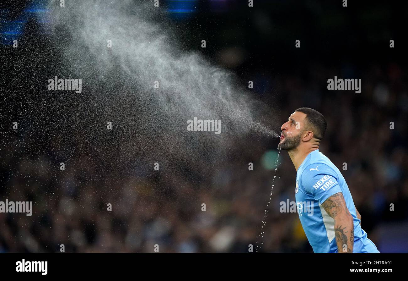 Manchester City's Kyle Walker spits water from his mouth before the ...