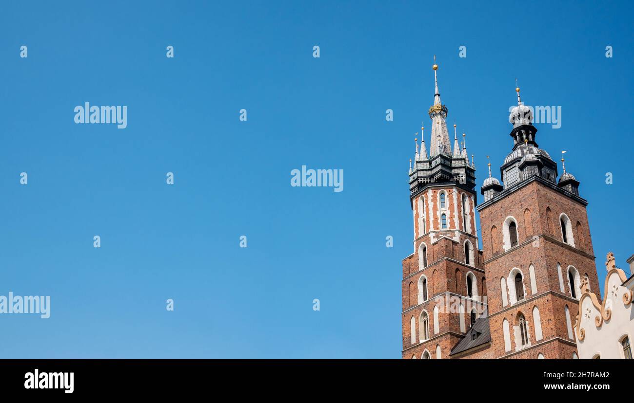 Krakow, Poland, St Mary's Basilica towers, building, Main Market Square ...