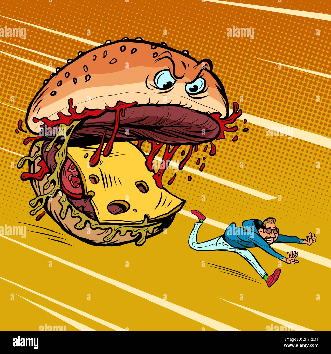 Cheeseburger monster character eats a human. Dangerous fast food. Food ...