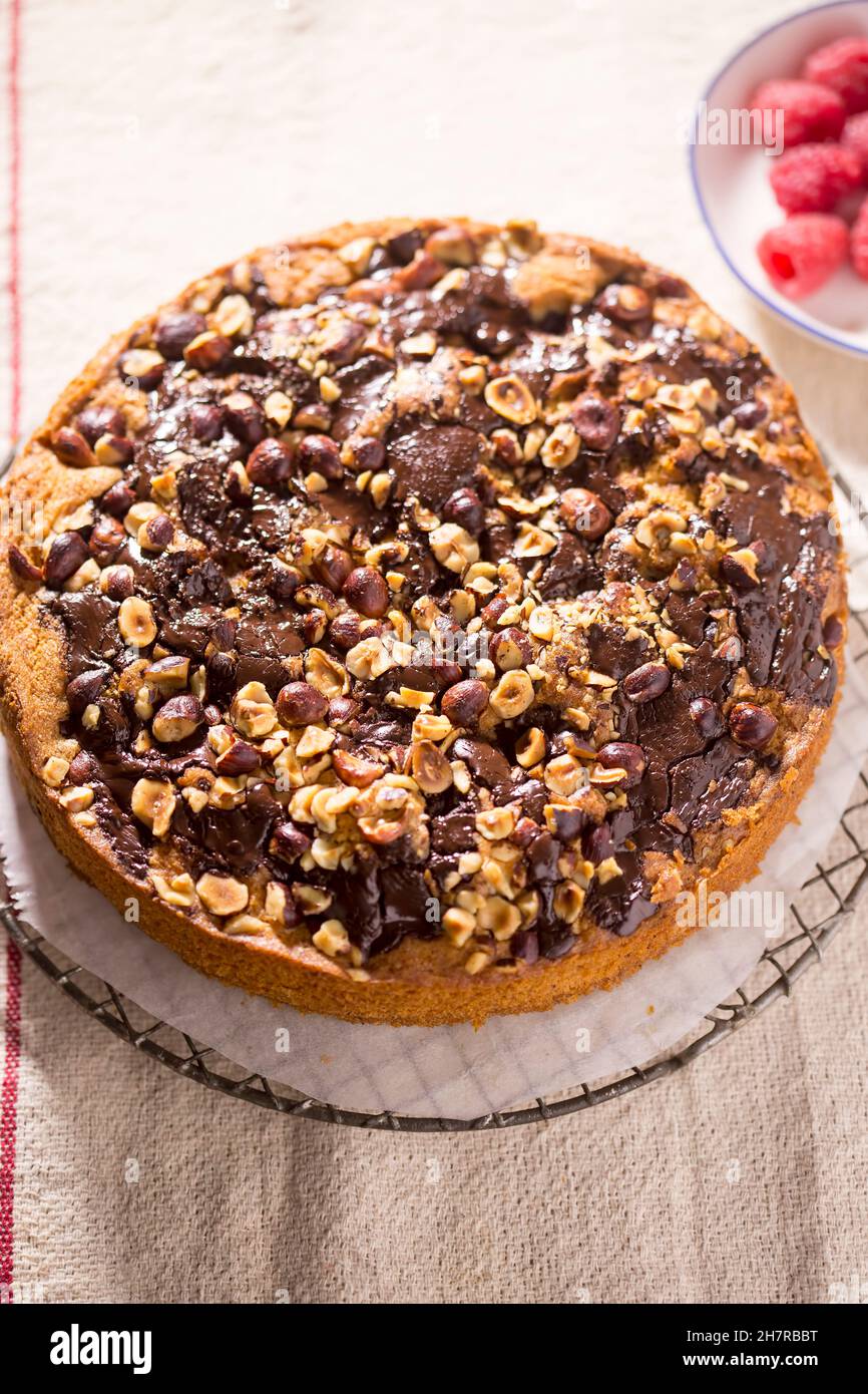 Hazelnut chocolate cake with raspberries and chocolate mousse Stock ...