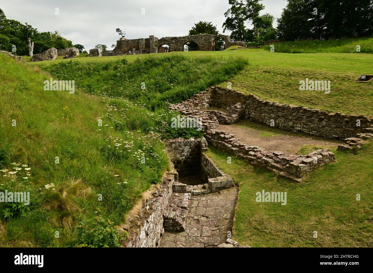 A view of the ruins of Norham Castle, a medieval building in ...