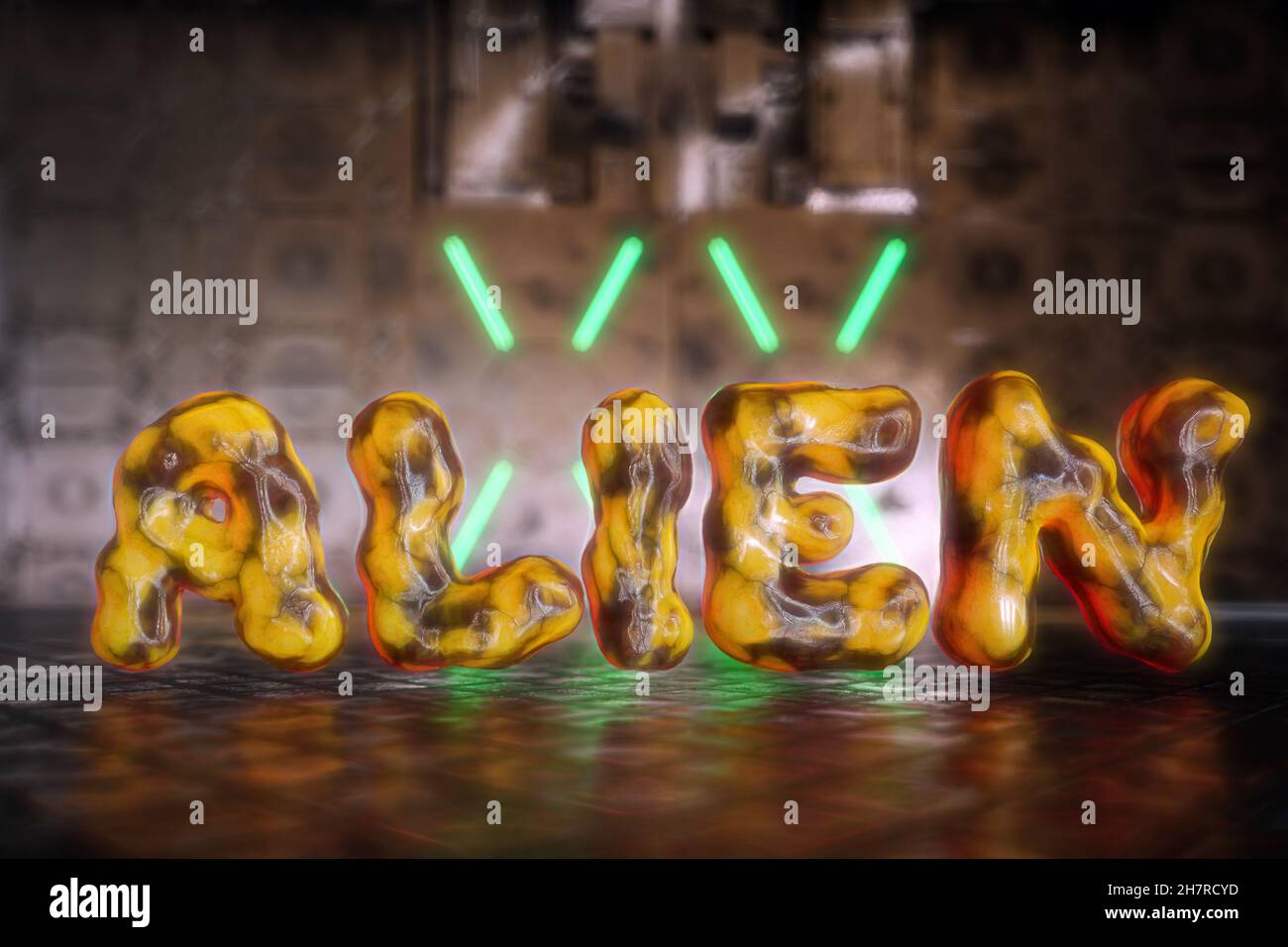 3d rendering of Alien flesh-like form text inside sci-fi metal panel ... 3d rendering of Alien flesh-like form text inside sci-fi metal panel ...