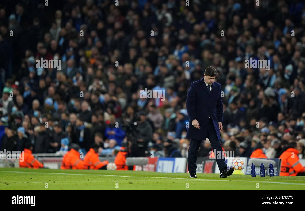 Paris Saint-Germain manager Mauricio Pochettino paces the touchline ...