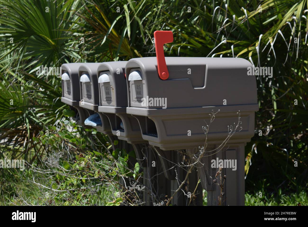 Four plastic mailboxes in a row Stock Photo - Alamy