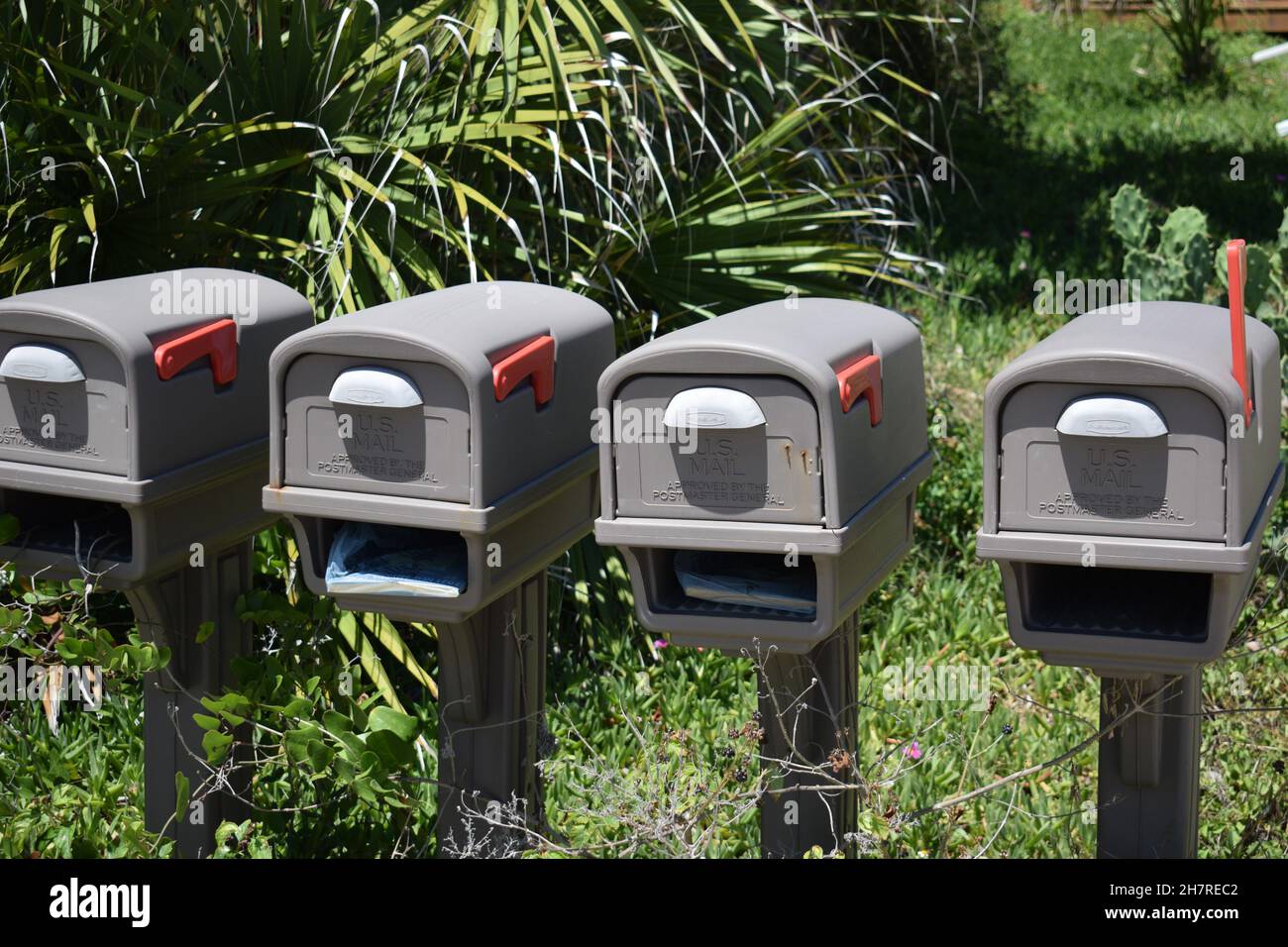 Front of four plastic mailboxes in a row Stock Photo - Alamy