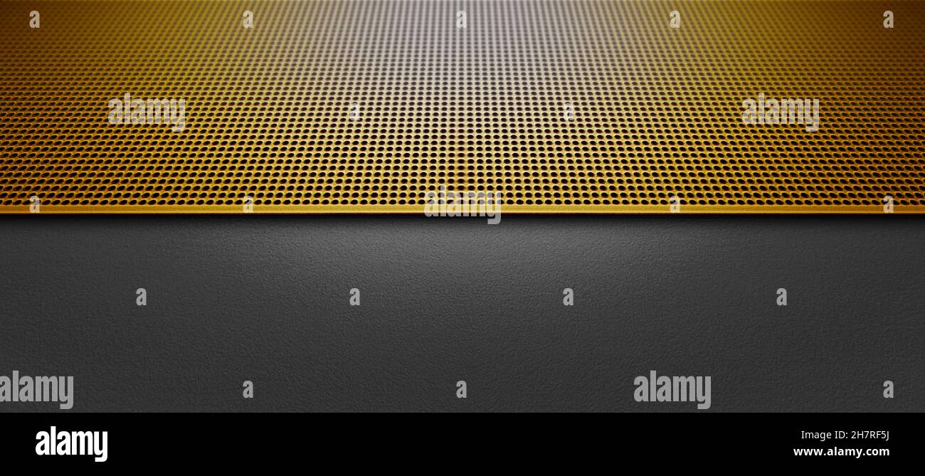perforated golden metal plate shot in perspective. Metal background ...