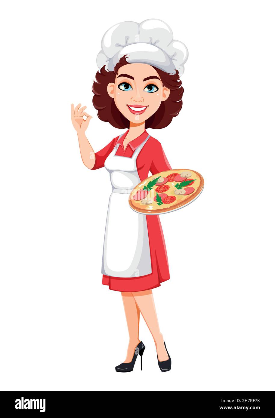Chef woman holding pizza. Cook lady in professional uniform. Cute ...