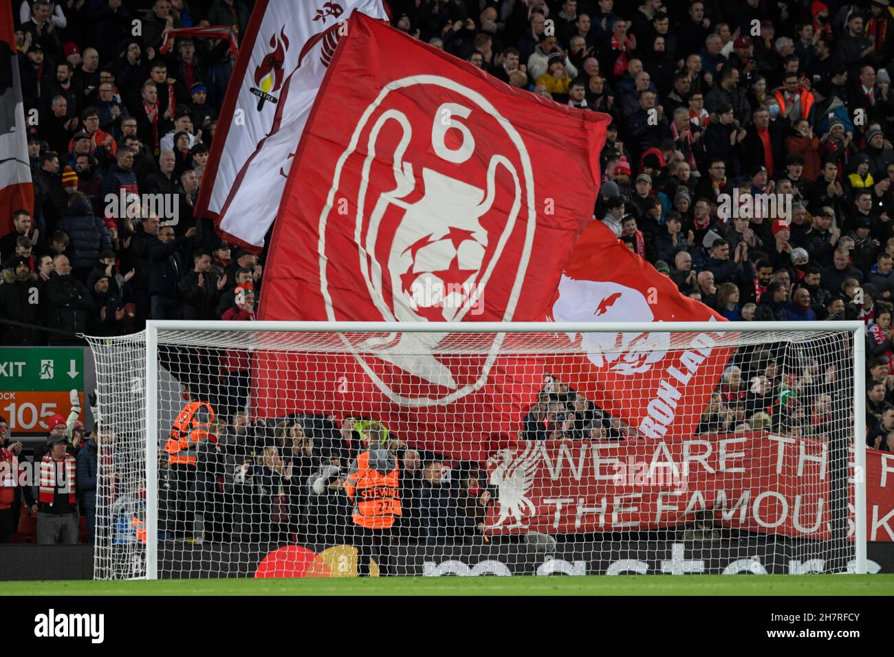 The Liverpool fans wave a banner showing the number of UEFA Champions ...