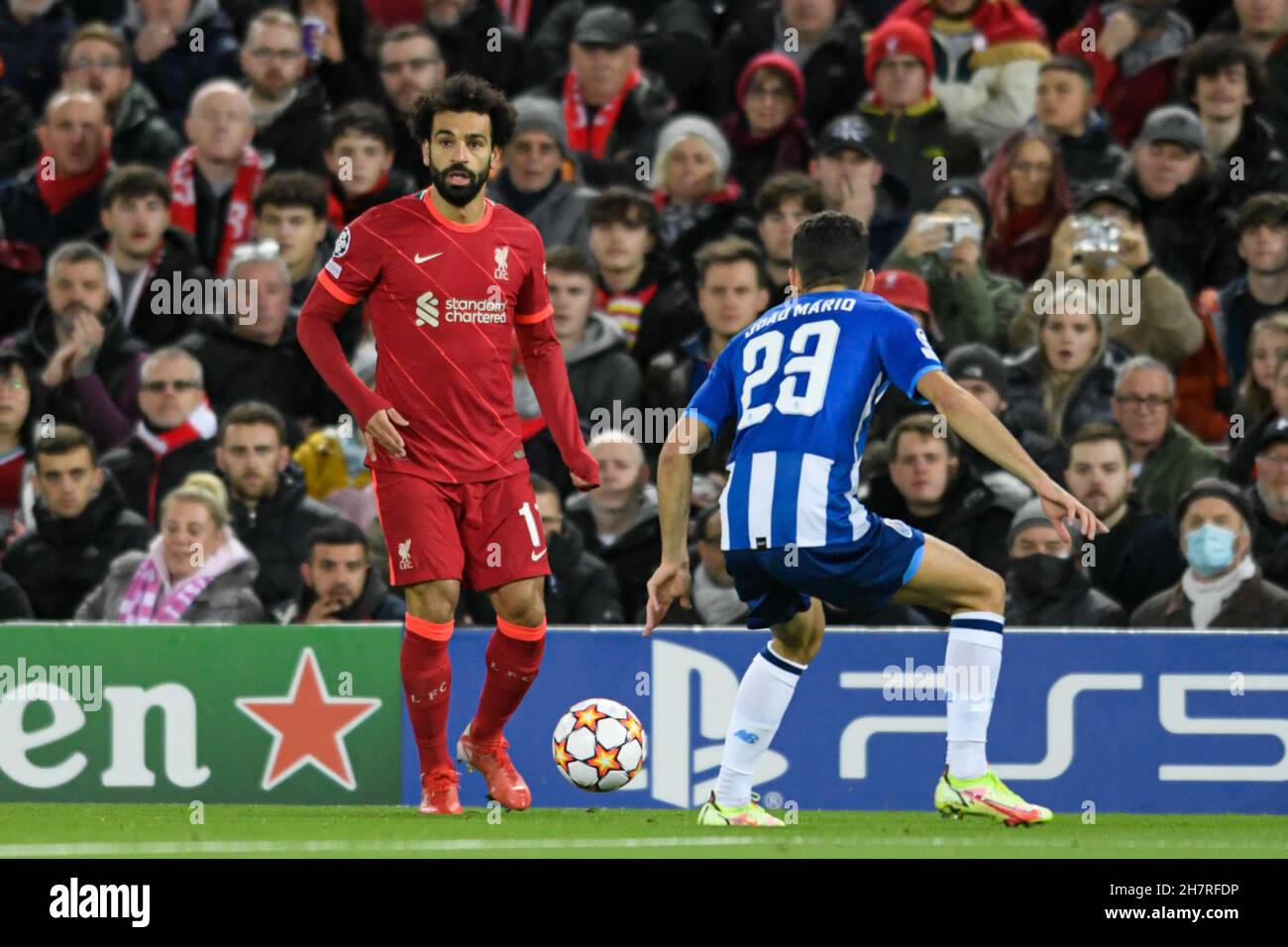Mohamed Salah #11 of Liverpool looks for a passing option Stock Photo ...