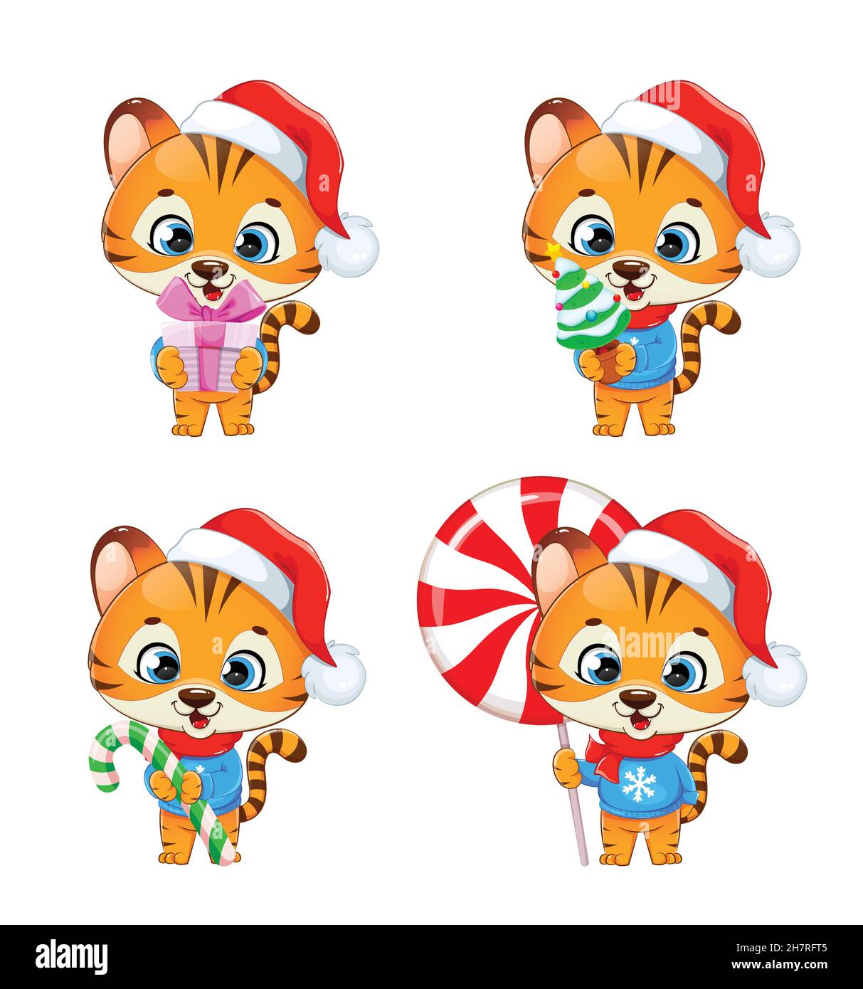 Merry Christmas. Cute tiger cub in Santa hat, set of four poses. Baby ...