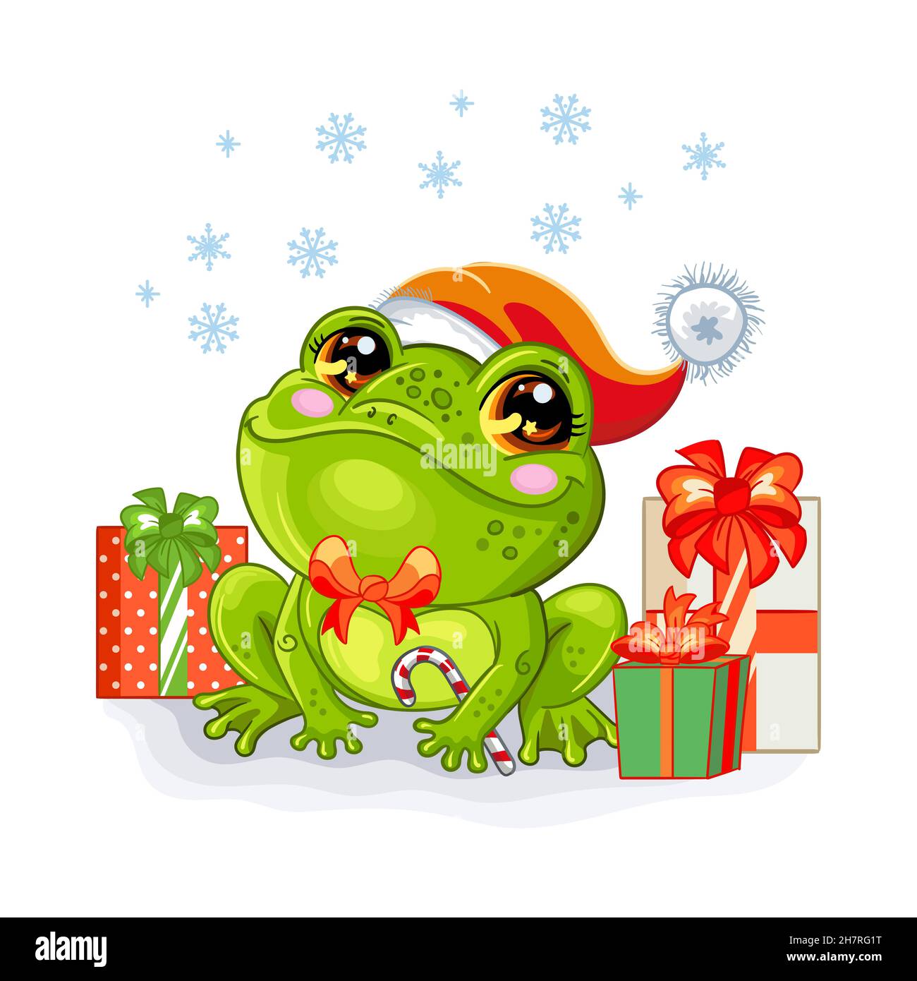 Cute green frog in a Christmas hat with gifts and snowflakes. Cartoon ...