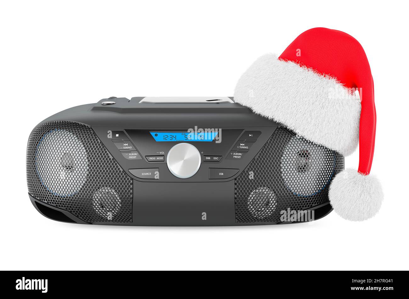 Boombox music player with Christmas Santa hat. 3D rendering isolated on ...