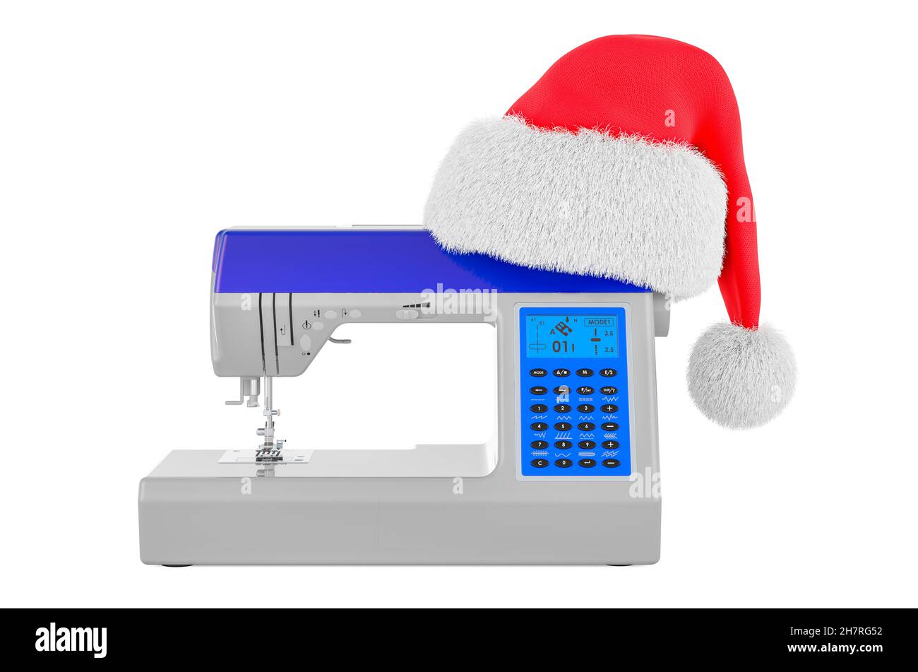 Sewing machine with Christmas Santa hat. 3D rendering isolated on white ...