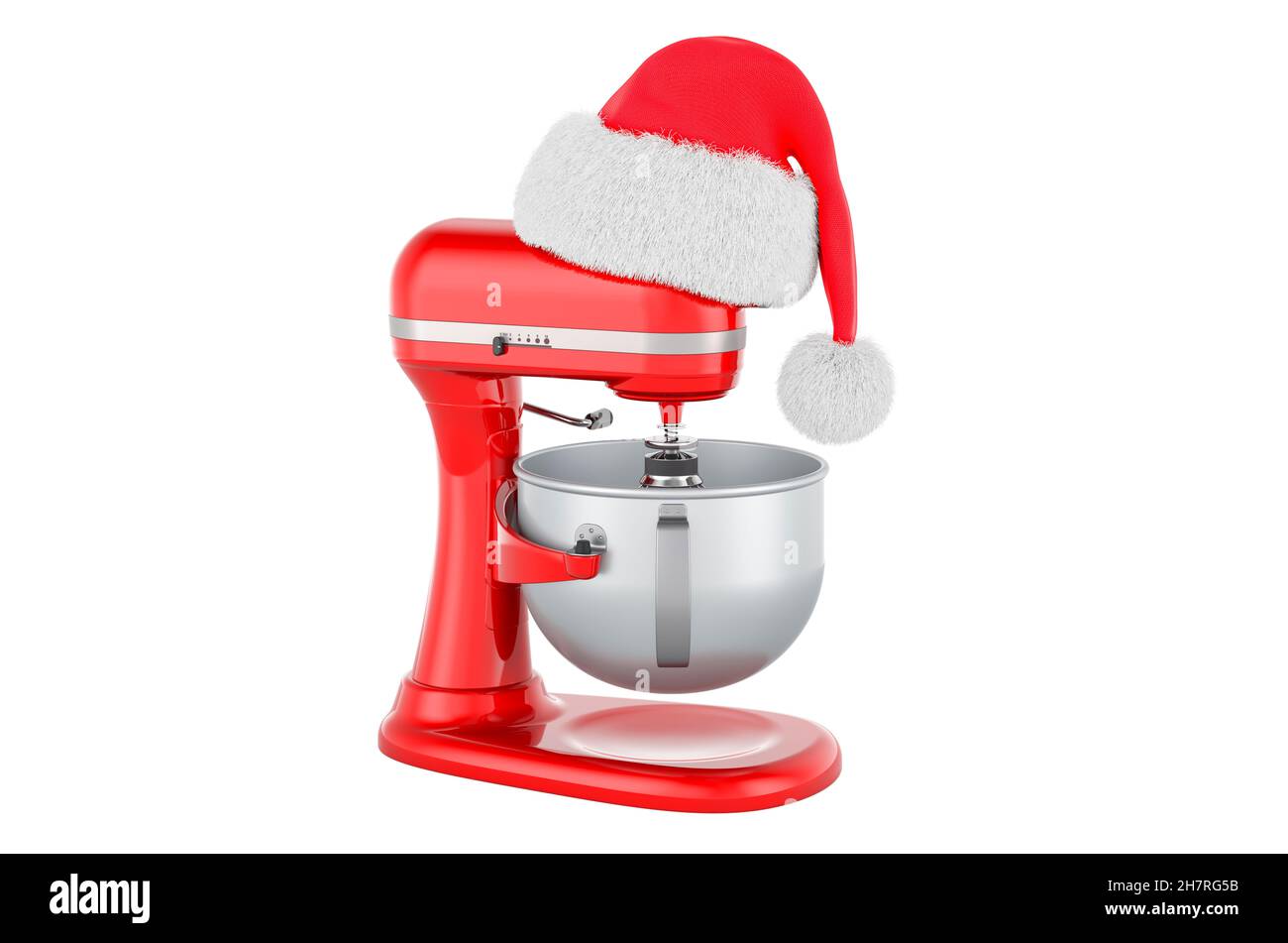 Stand mixer with Christmas Santa hat. 3D rendering isolated on white ...
