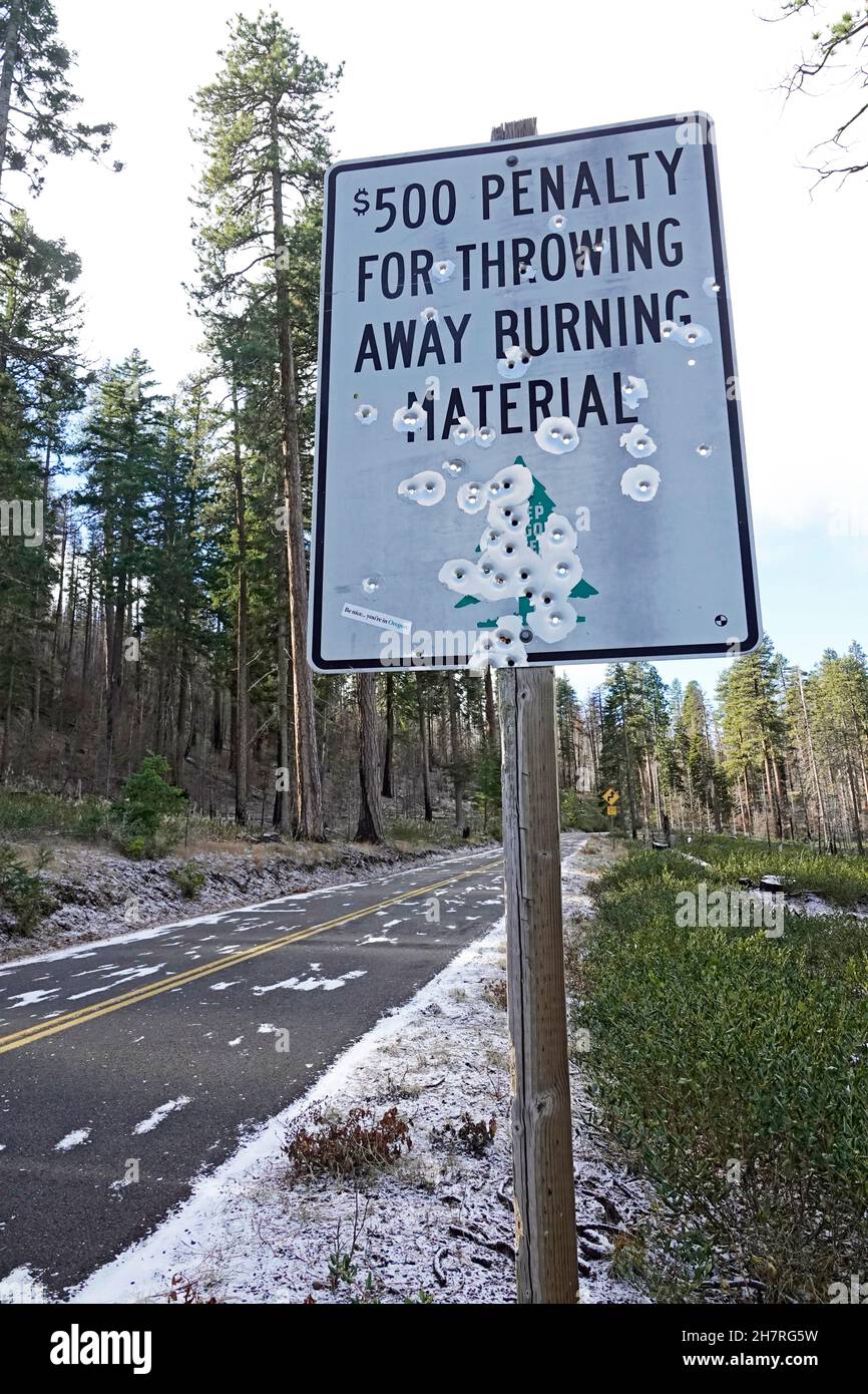 A highway sign shot numereous times by vandals in the Cascade Mountains ...