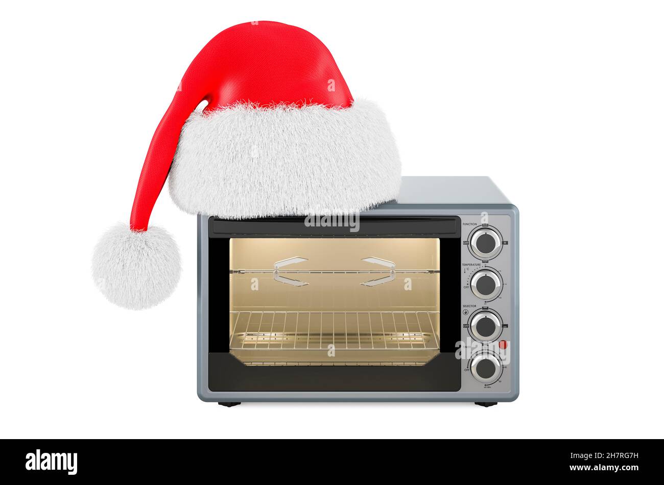 Convection toaster oven with Christmas Santa hat. 3D rendering isolated ...