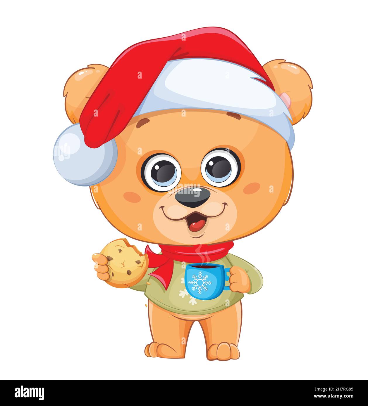 Merry Christmas. Funny bear in Santa hat drinking cocoa and eating ...