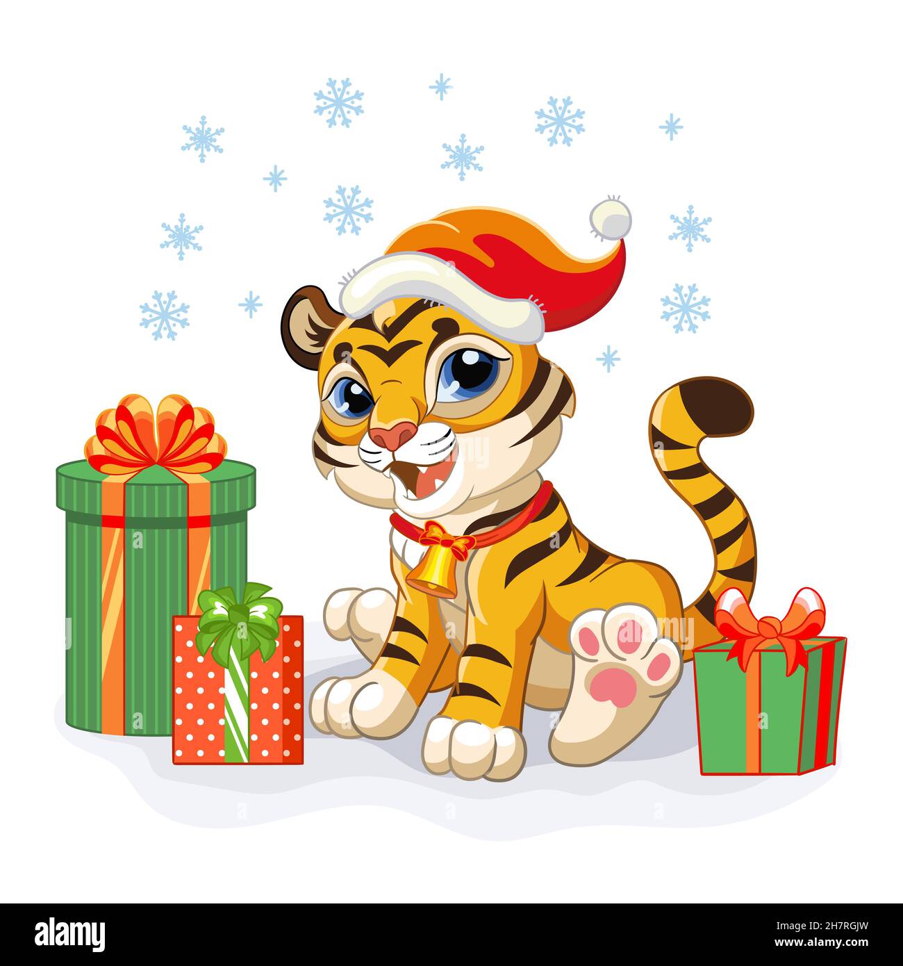 Cute tiger in a Christmas hat with gifts and snowflakes. Cartoon tiger ...