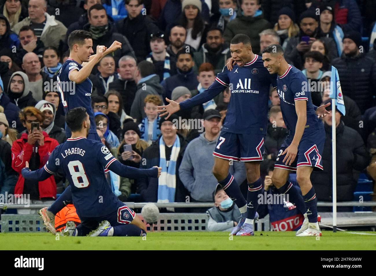 Paris Saint-Germain's Kylian Mbappe (second right) celebrates with team ...