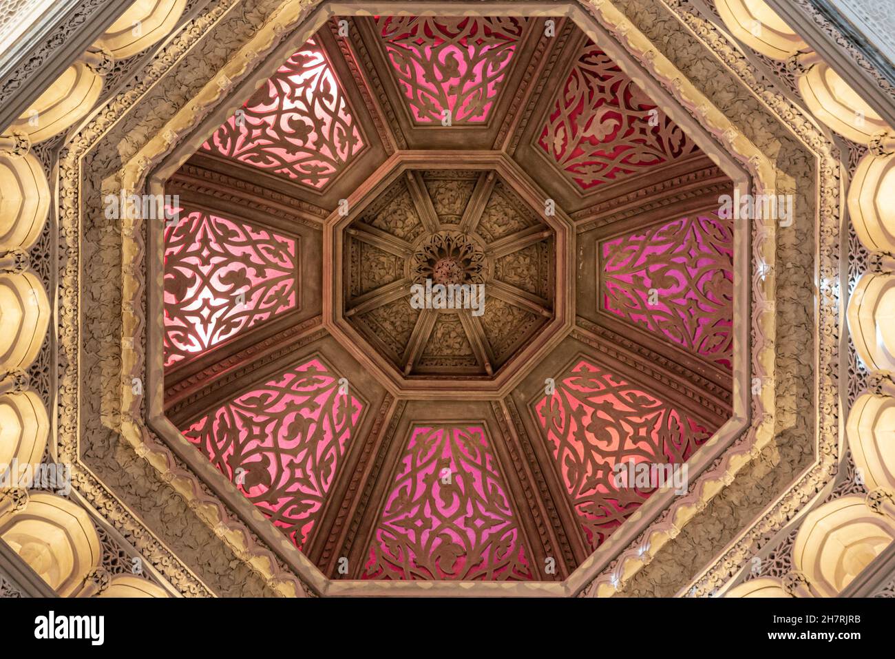 Rose coloured octagonal shaped glass ceiling skylight in islamic style ...