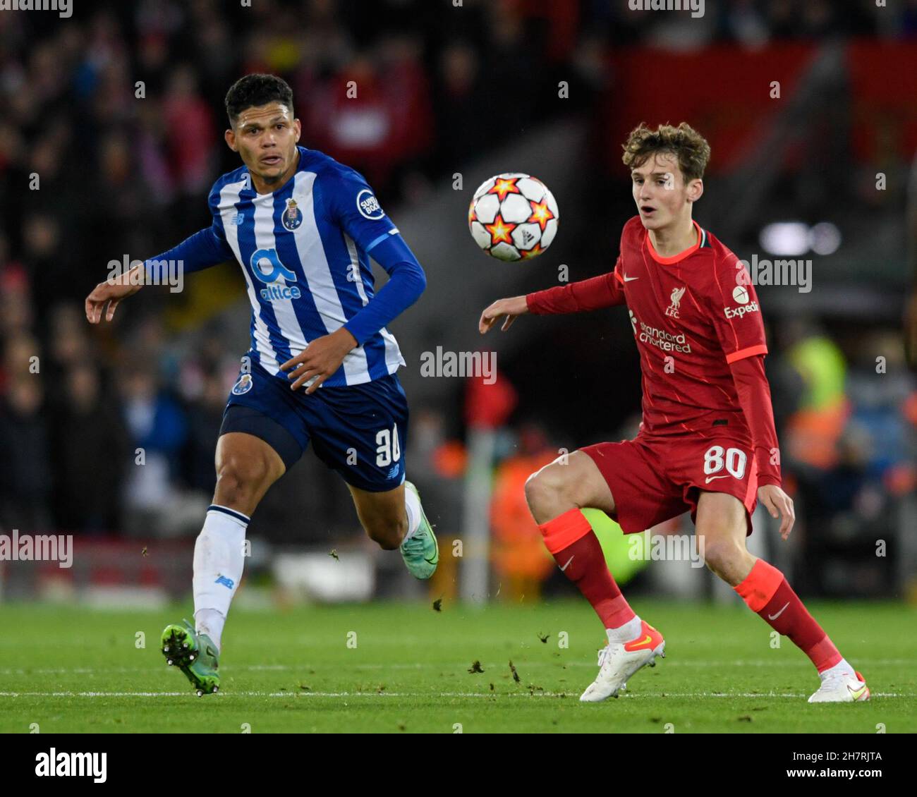 Tyler Morton #80 of Liverpool looks to control the ball while under ...