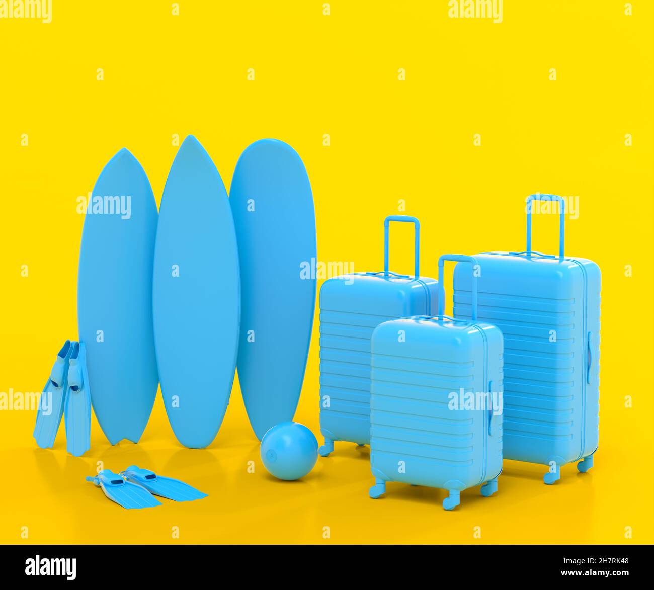 Suitcase with beach ball and surf board on monochrome yellow background ...