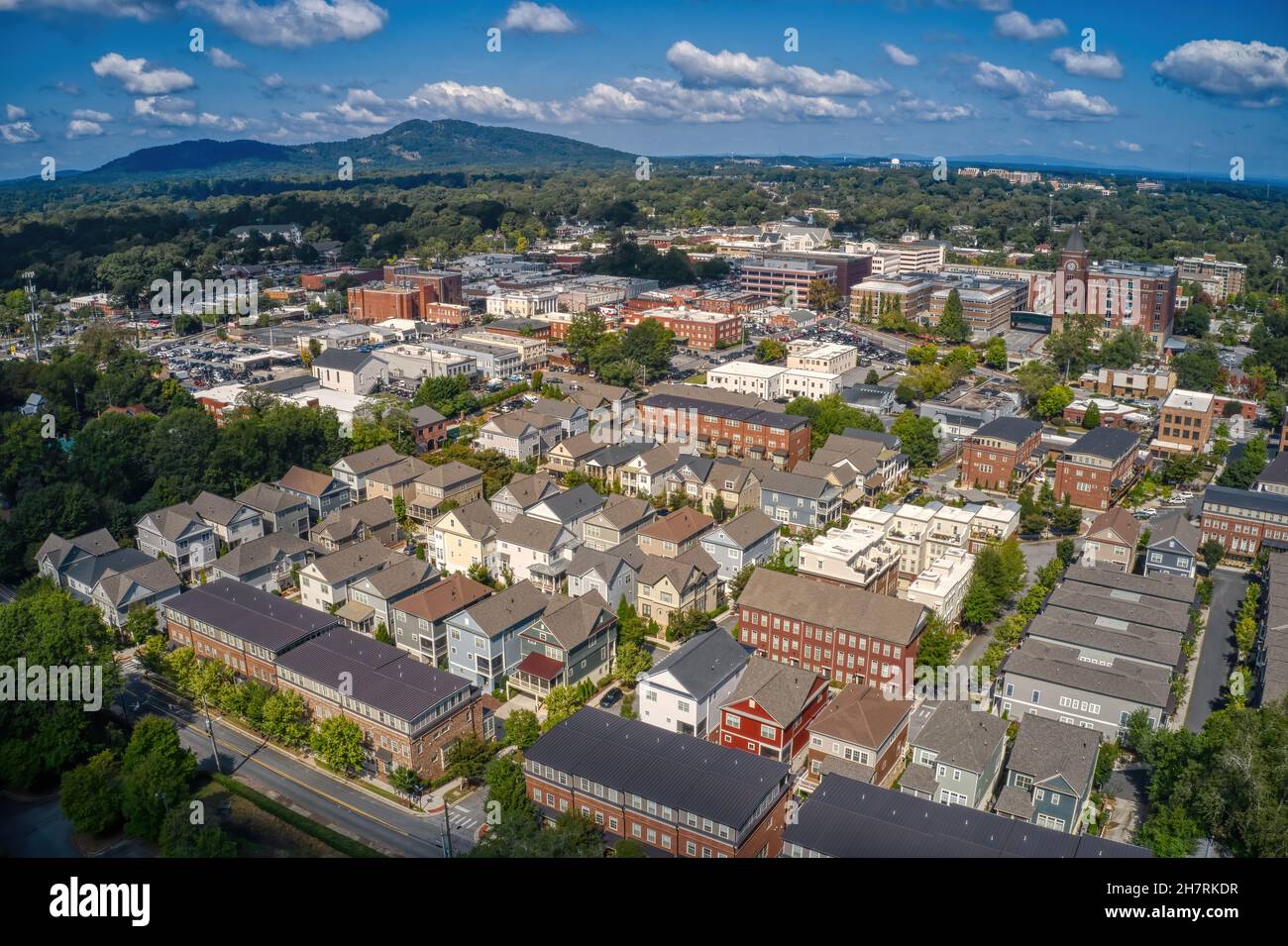 Aerial view of the Atlanta suburb of Marietta under a blue sky with ...