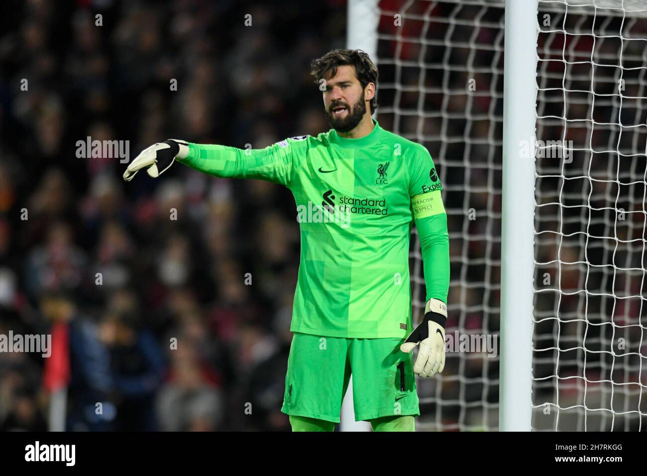 Alisson Becker #1 of Liverpool gives instructions during the game Stock ...