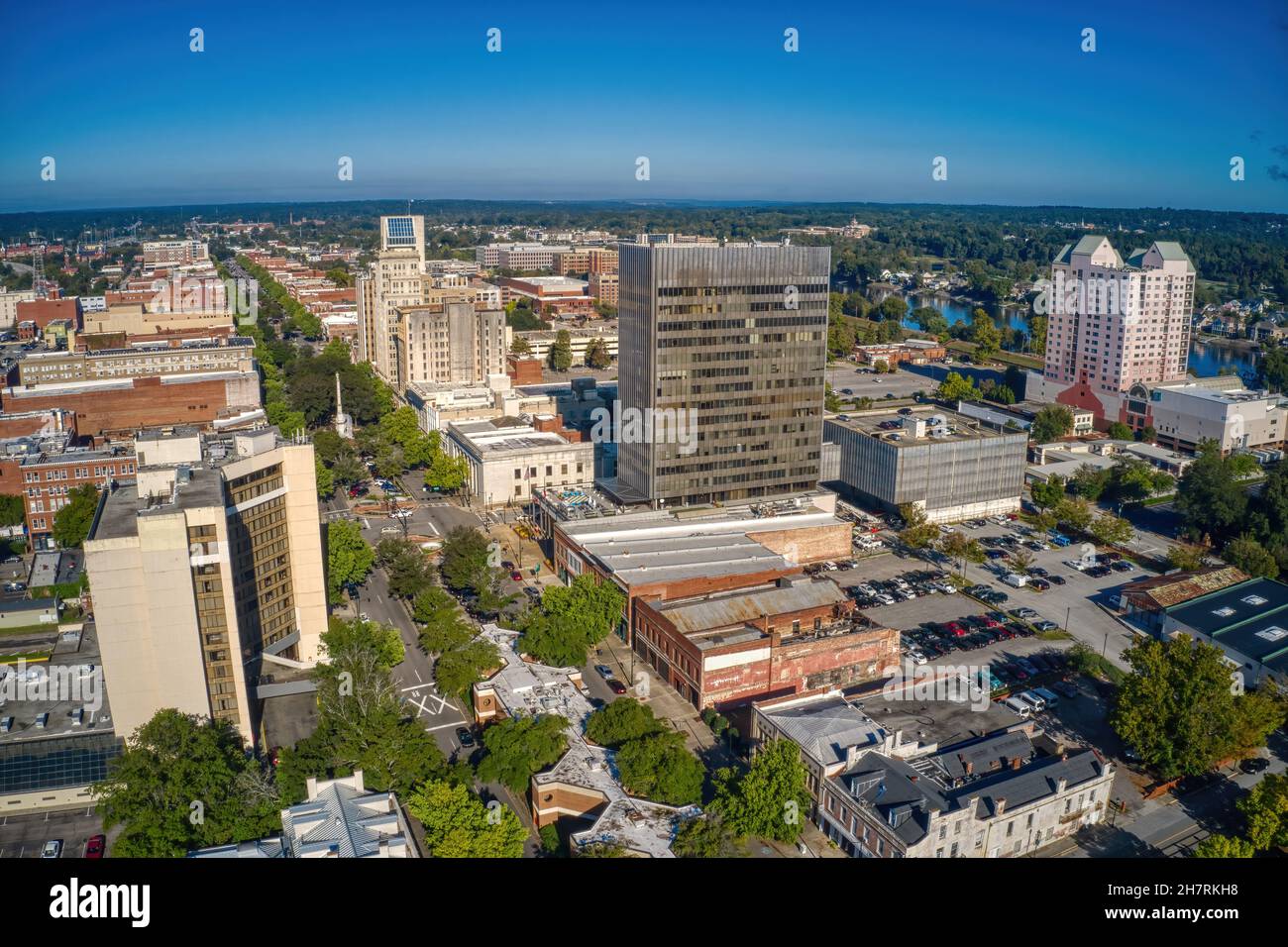 Beautiful aerial view of Downtown Augusta with dense buildings under a ...