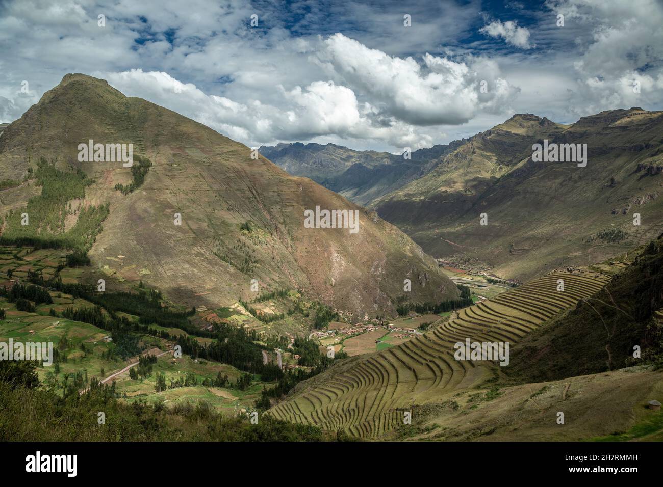 Agricultural terraces, Pisac Inca Ruins, and surrounding landscape ...